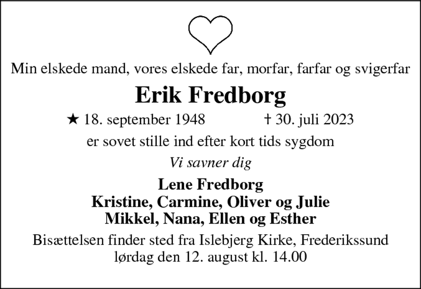 Dødsannonce – Erik Fredborg - Frederikssund | Dødsannoncer.dk