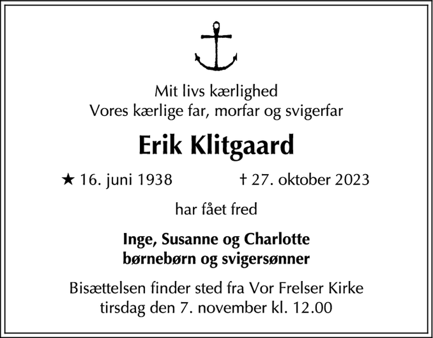 Dødsannonce – Erik Klitgaard - København Ø | Dødsannoncer.dk