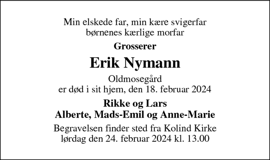 Dødsannonce – Erik Nymann - Kolind | Dødsannoncer.dk