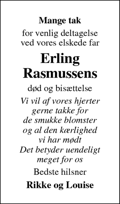 Dødsannonce – Erling Rasmussen - Roskilde | Dødsannoncer.dk
