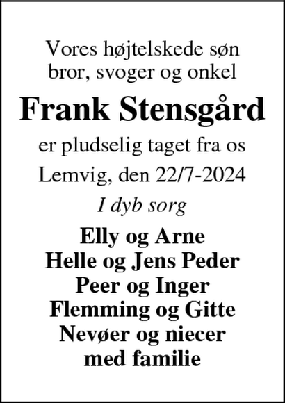 Dødsannonce – Frank Stensgård - Lemvig | Dødsannoncer.dk