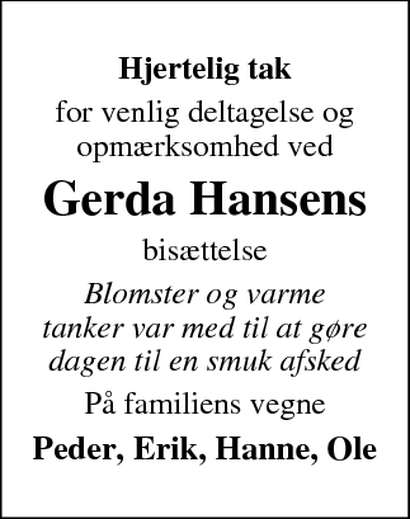 Dødsannonce – Gerda Hansen - Ebberup | Dødsannoncer.dk