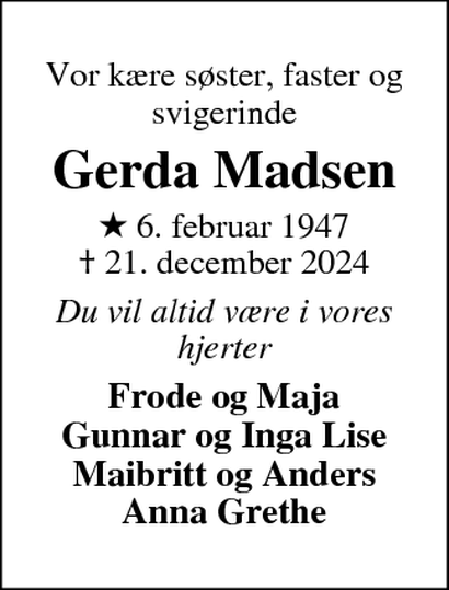 Dødsannonce – Gerda Madsen - Spjald | Dødsannoncer.dk