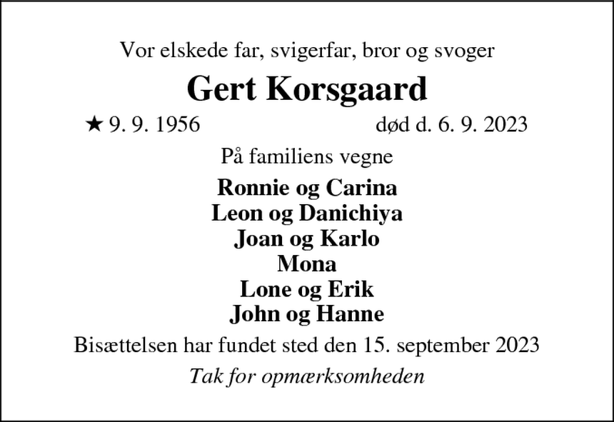 Dødsannonce – Gert Korsgaard - Karstoft | Dødsannoncer.dk