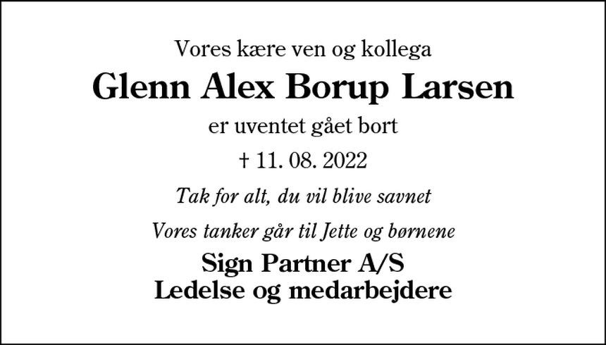 Dødsannonce – Glenn Alex Borup Larsen - Esbjerg N | Dødsannoncer.dk