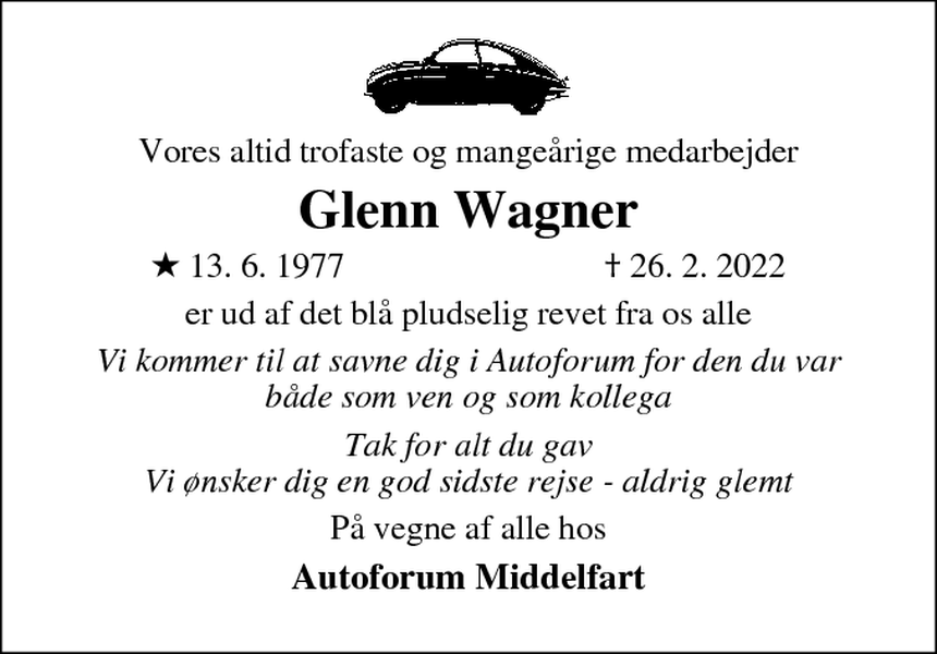 Dødsannonce – Glenn Wagner - Middelfart | Dødsannoncer.dk