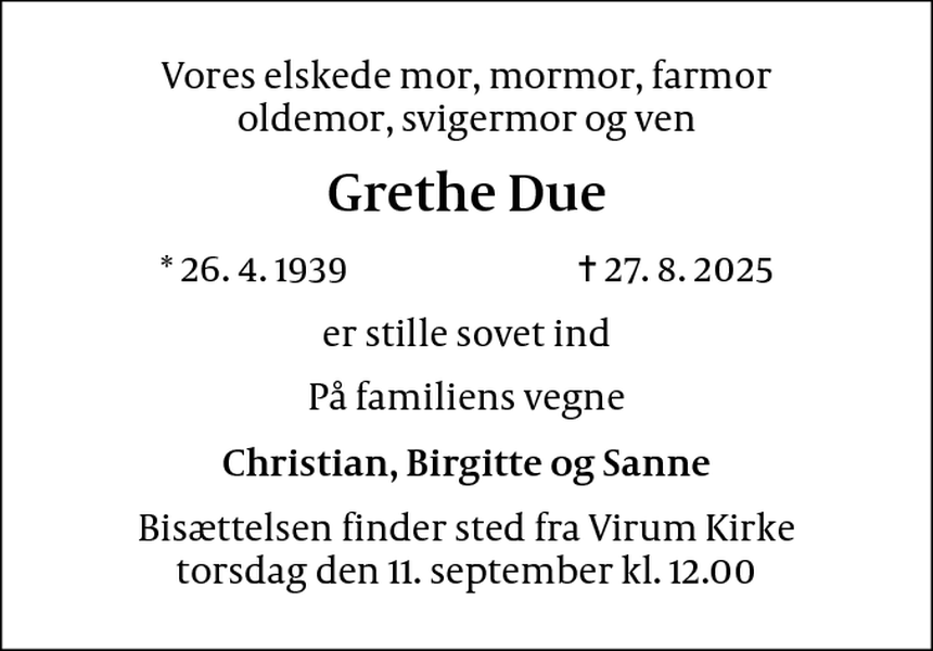 Dødsannonce – Grethe Due - København Ø | Dødsannoncer.dk