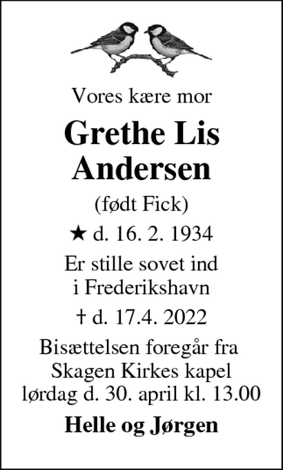 Dødsannonce – Grethe Lis Andersen - frederikshavn | Dødsannoncer.dk