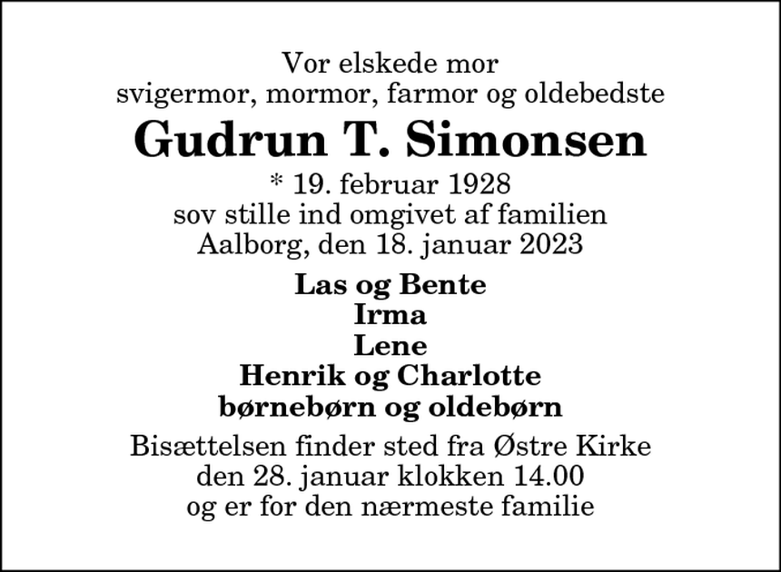 Dødsannonce – Gudrun T. Simonsen - Aalborg | Dødsannoncer.dk