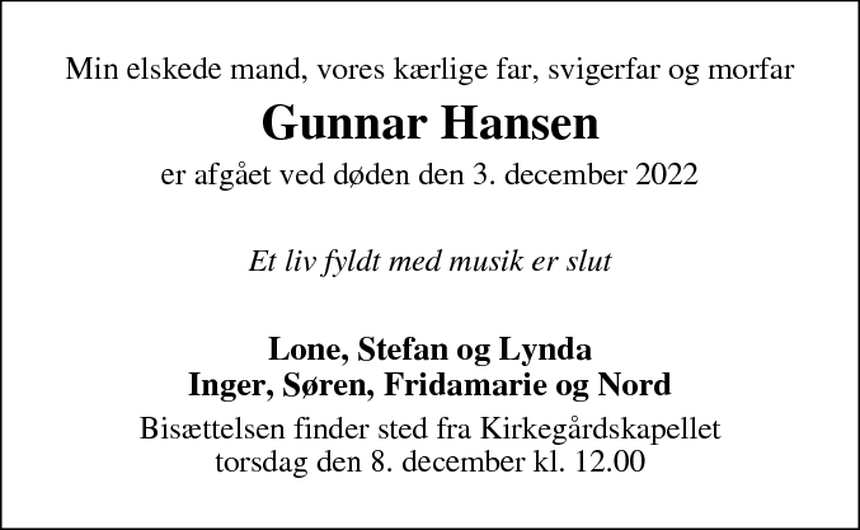 Dødsannonce – Gunnar Hansen - Odense | Dødsannoncer.dk