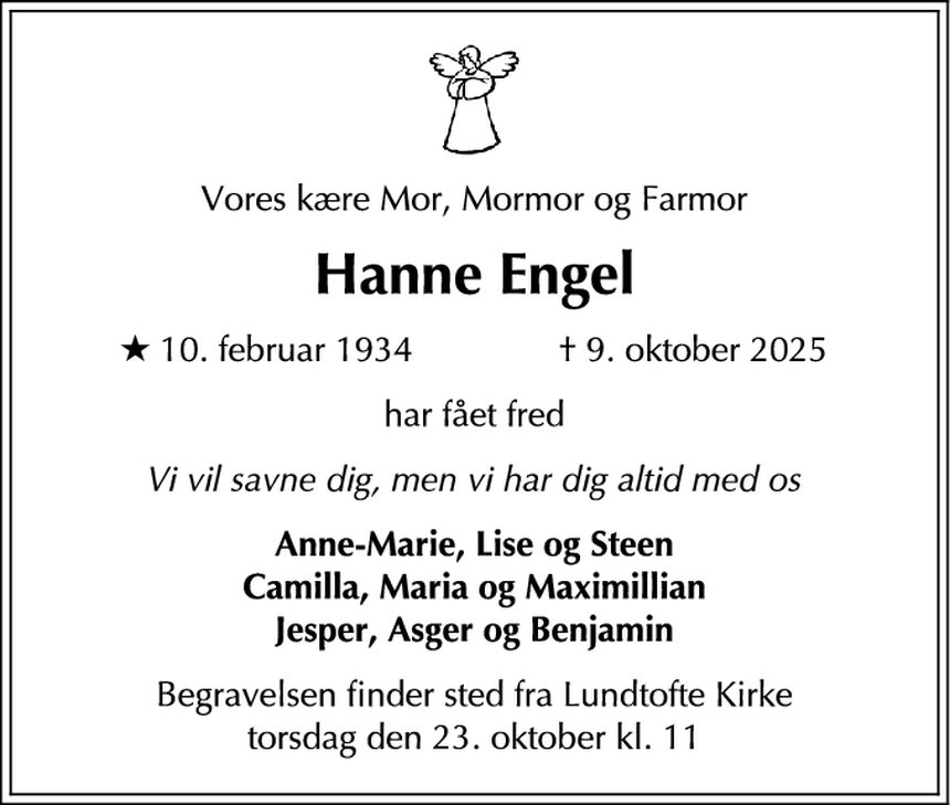 Dødsannonce – Hanne Engel - Kongens Lyngby | Dødsannoncer.dk
