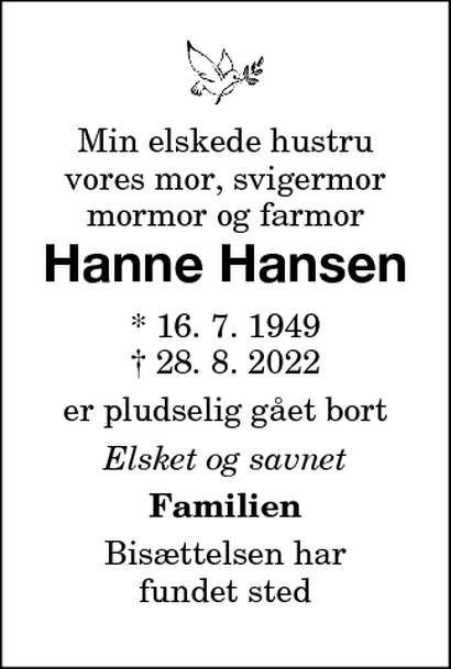 Dødsannonce – Hanne Hansen - Nakskov | Dødsannoncer.dk