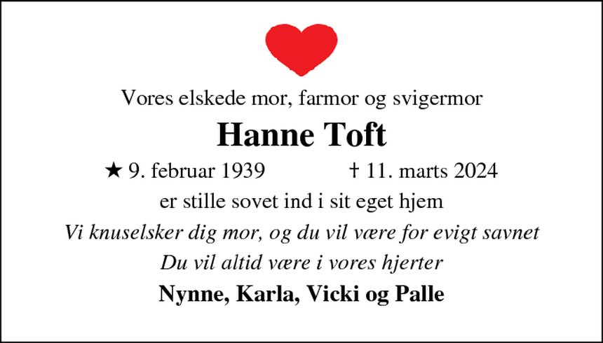 Dødsannonce – Hanne Toft - Ikast | Dødsannoncer.dk