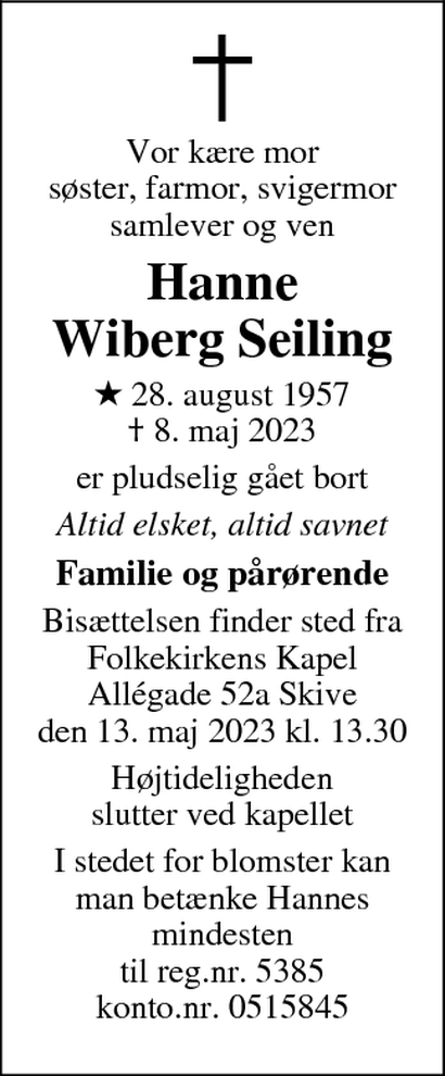 Dødsannonce – Hanne Wiberg Seiling - Skive | Dødsannoncer.dk
