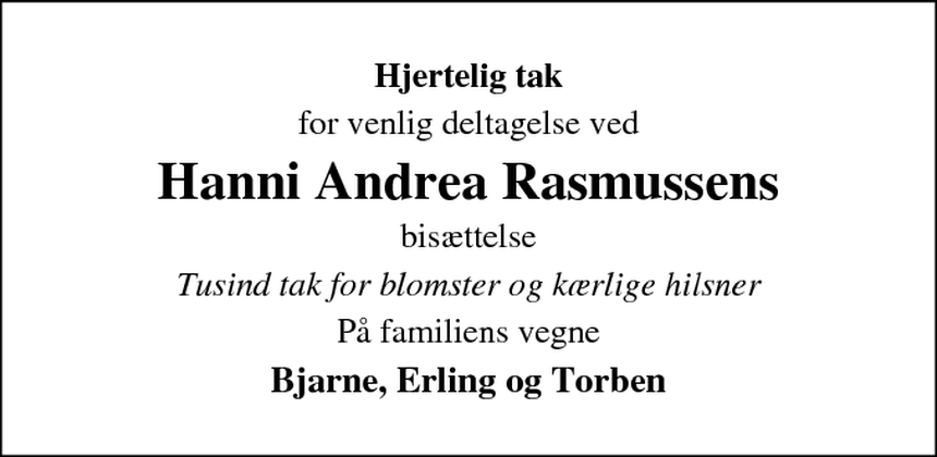 Dødsannonce – Hanni Andrea Rasmussen - Gråsten | Dødsannoncer.dk