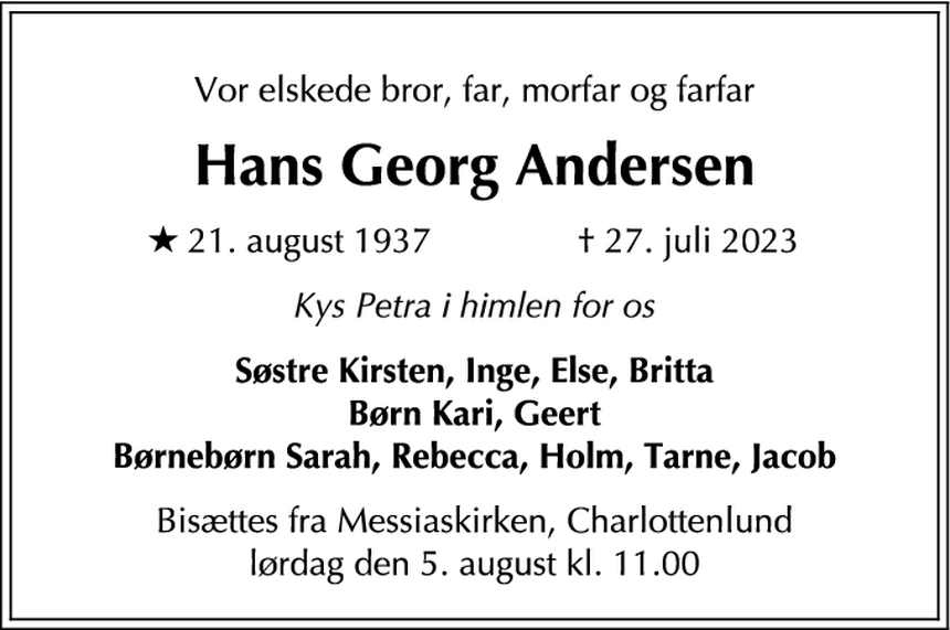 Dødsannonce – Hans Georg Andersen - København | Dødsannoncer.dk