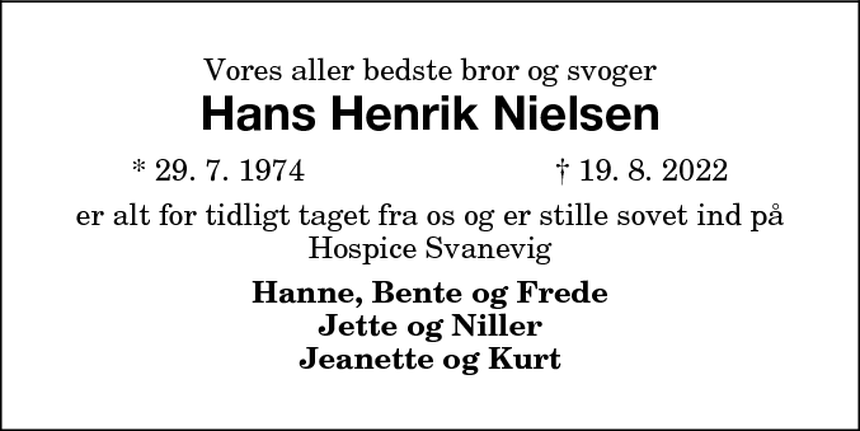 Dødsannonce – Hans Henrik Nielsen - 4850 Støbbekøbing | Dødsannoncer.dk