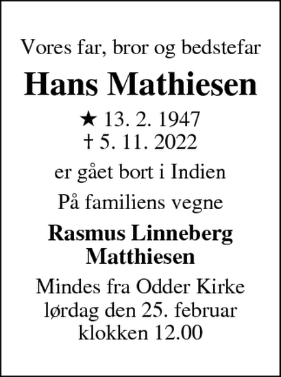 Dødsannonce – Hans Mathiesen - Odder | Dødsannoncer.dk