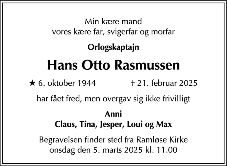 Dødsannonce – Hans Otto Rasmussen - Frederiksberg/Ramløse | Dødsannoncer.dk