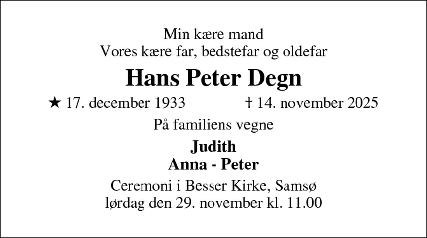 Dødsannonce – Hans Peter Degn - Frederiksbjerg | Dødsannoncer.dk