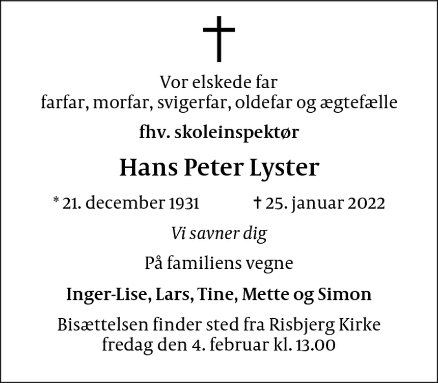Dødsannonce – Hans Peter Lyster - Hvidovre | Dødsannoncer.dk