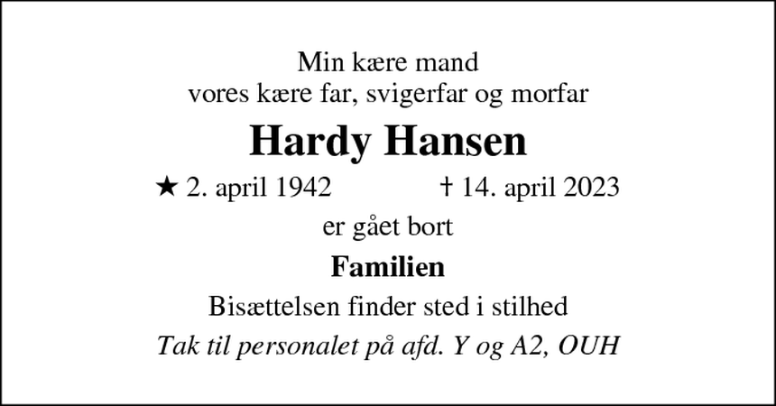 Dødsannonce – Hardy Hansen - Odense C | Dødsannoncer.dk
