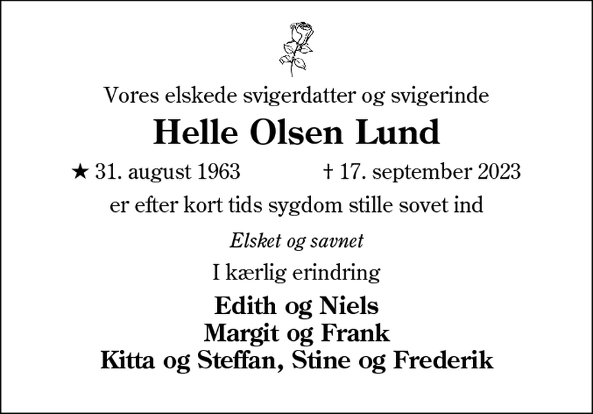 Dødsannonce – Helle Olsen Lund - Billund | Dødsannoncer.dk