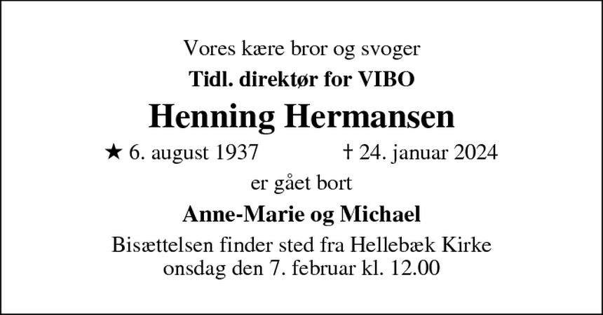 Dødsannonce – Henning Hermansen - Ålsgårde | Dødsannoncer.dk