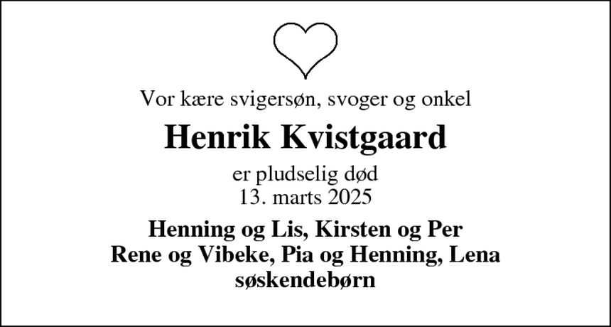Dødsannonce – Henrik Kvistgaard - Skive | Dødsannoncer.dk