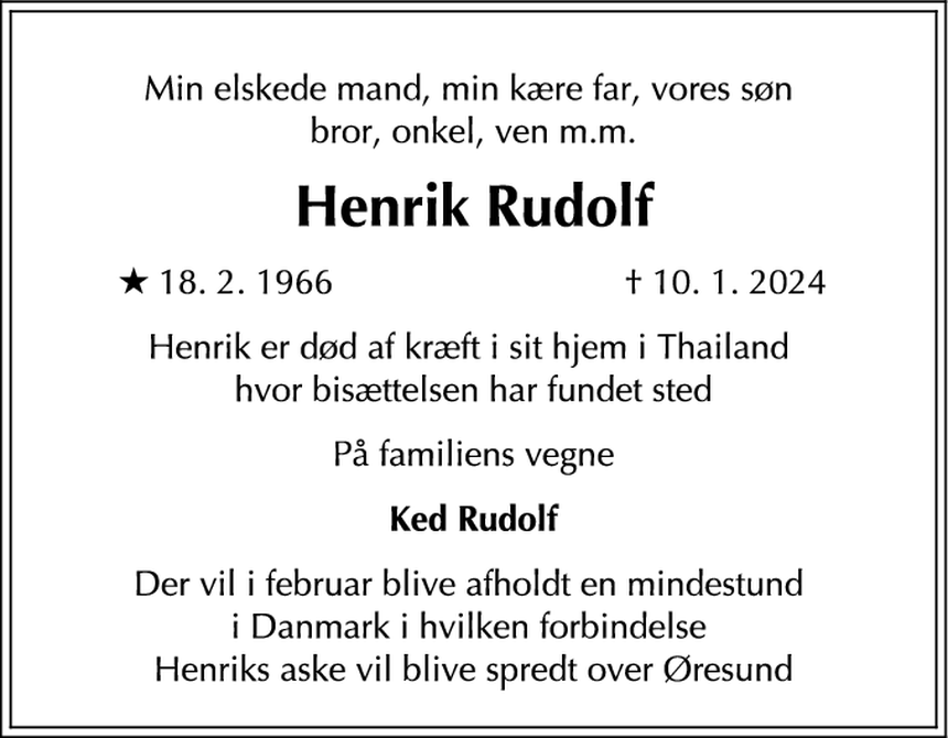 Dødsannonce – Henrik Rudolf - København | Dødsannoncer.dk