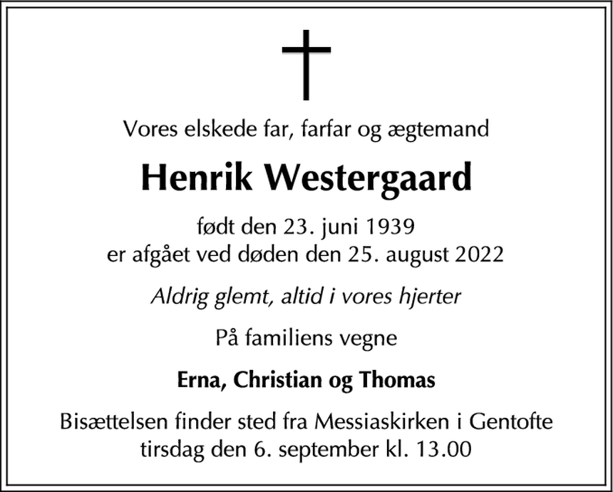 Dødsannonce – Henrik Westergaard - Charlottenlund | Dødsannoncer.dk