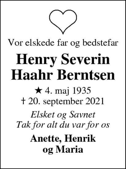 Dødsannonce – Henry Severin Haahr Berntsen - Esbjerg | Dødsannoncer.dk
