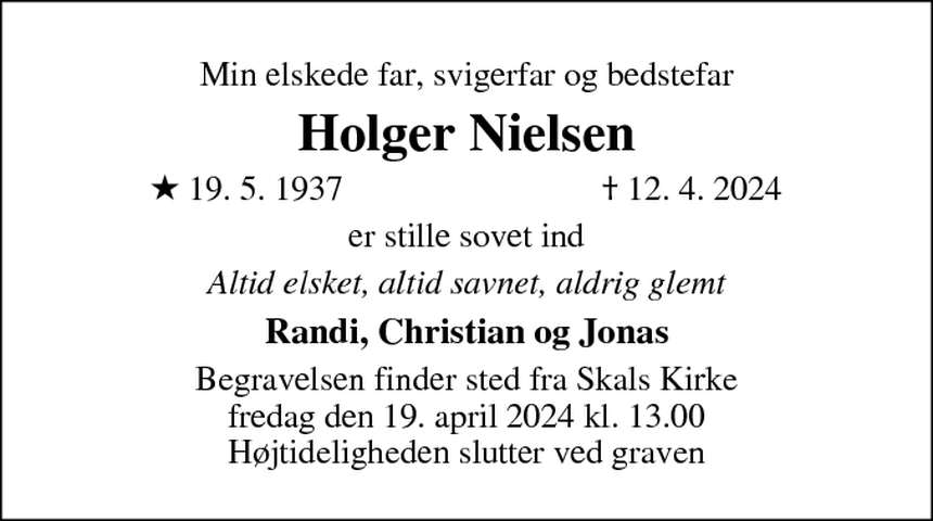 Dødsannonce – Holger Nielsen - Skals | Dødsannoncer.dk