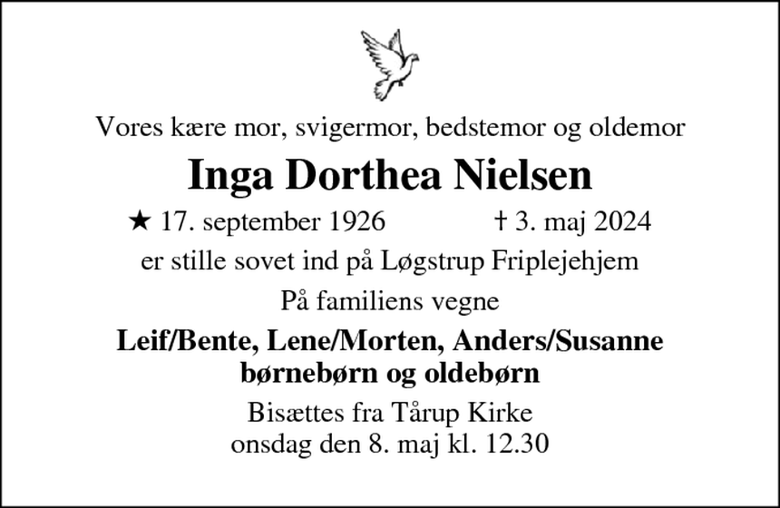 Dødsannonce – Inga Dorthea Nielsen - Løgstrup | Dødsannoncer.dk