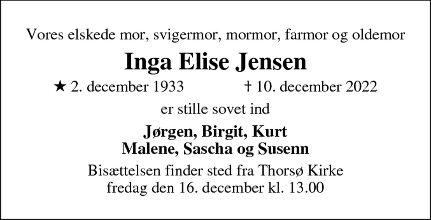 Dødsannonce – Inga Elise Jensen - Thorsø | Dødsannoncer.dk