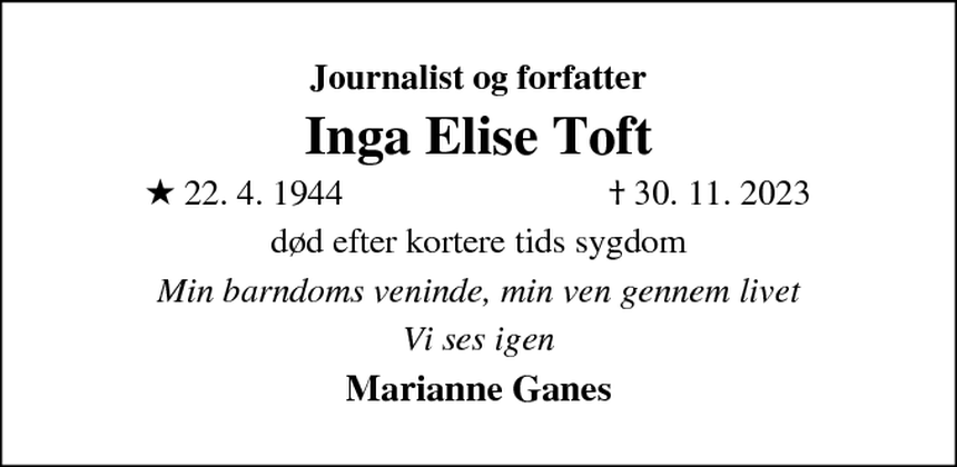 Dødsannonce – Inga Elise Toft - Roskilde | Dødsannoncer.dk