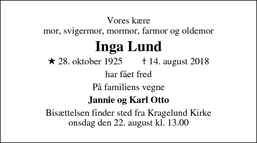 Dødsannonce – Inga Lund - Aalborg | Dødsannoncer.dk