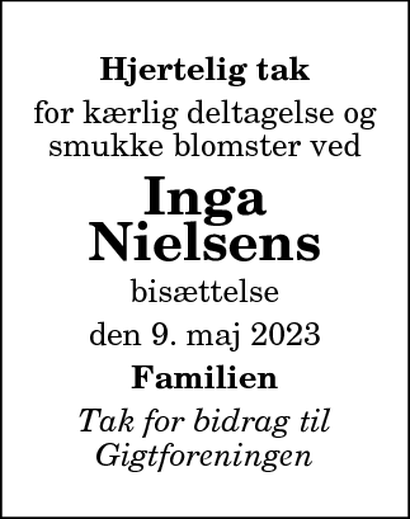 Dødsannonce – Inga Nielsen - Randers NV | Dødsannoncer.dk