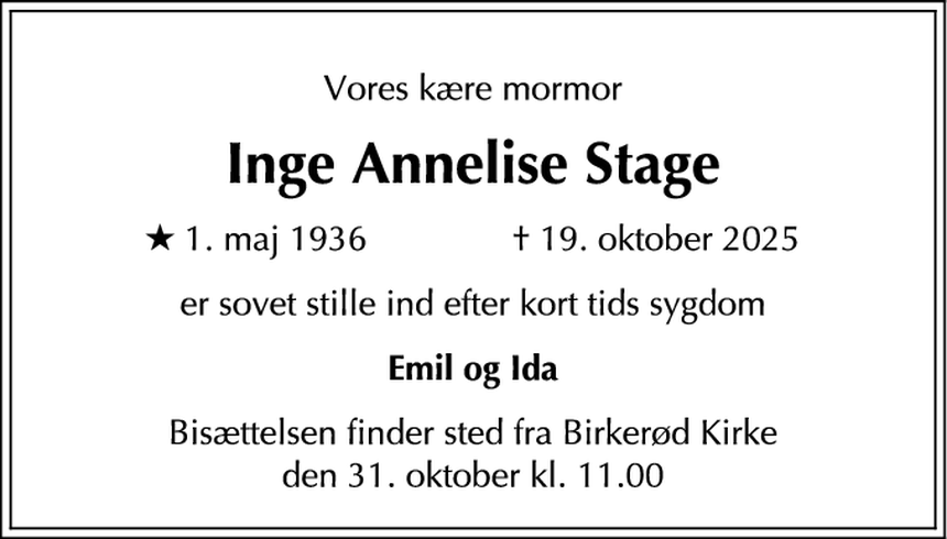Dødsannonce – Inge Annelise Stage - Birkerød | Dødsannoncer.dk
