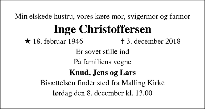 Dødsannonce – Inge Christoffersen - Brabrand | Dødsannoncer.dk