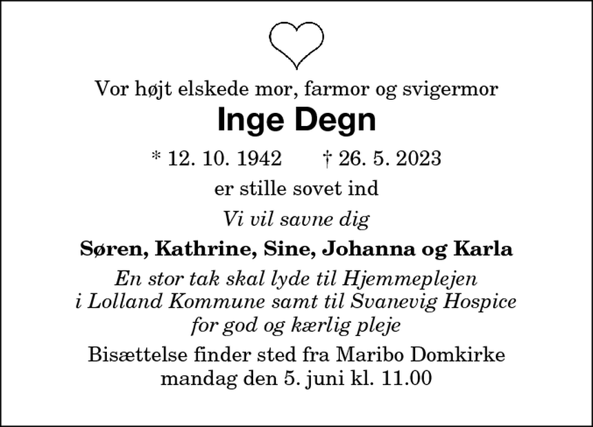 Dødsannonce – Inge Degn - Maribo | Dødsannoncer.dk