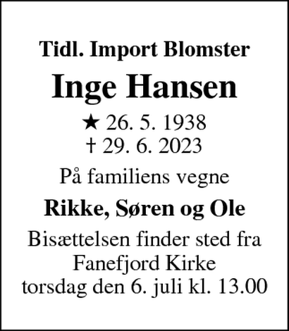 Dødsannonce – Inge Hansen - Vordingborg | Dødsannoncer.dk