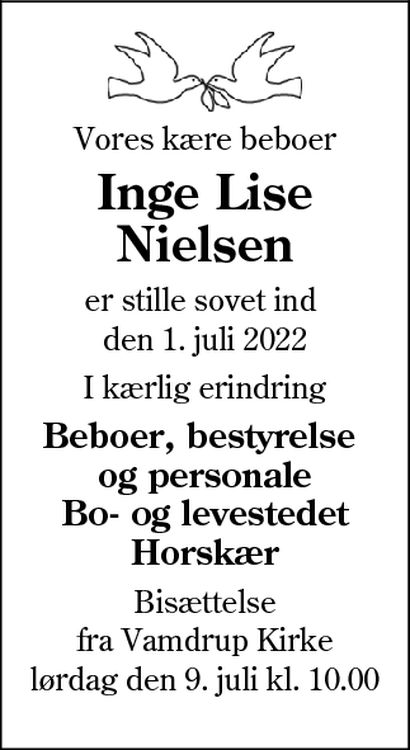 Dødsannonce – Inge Lise Nielsen - Vamdrup, Kolding | Dødsannoncer.dk