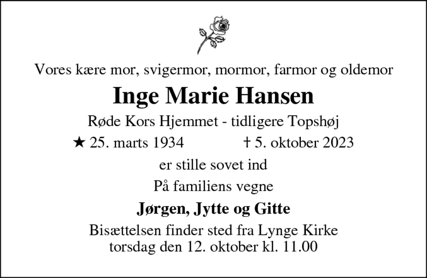 Dødsannonce – Inge Marie Hansen - Sorø | Dødsannoncer.dk