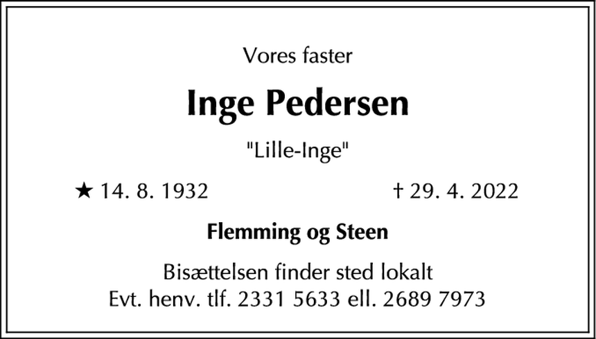 Dødsannonce – Inge Pedersen - Smørum | Dødsannoncer.dk