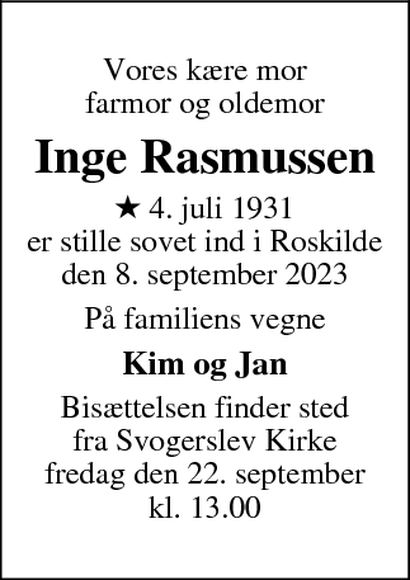 Dødsannonce – Inge Rasmussen - Værløse | Dødsannoncer.dk