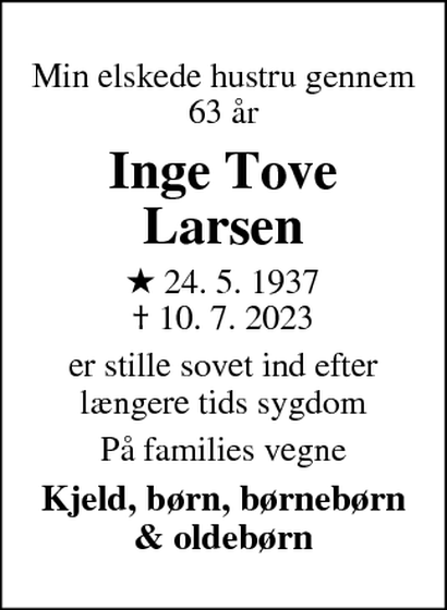 Dødsannonce – Inge Tove Larsen - Albertslund | Dødsannoncer.dk
