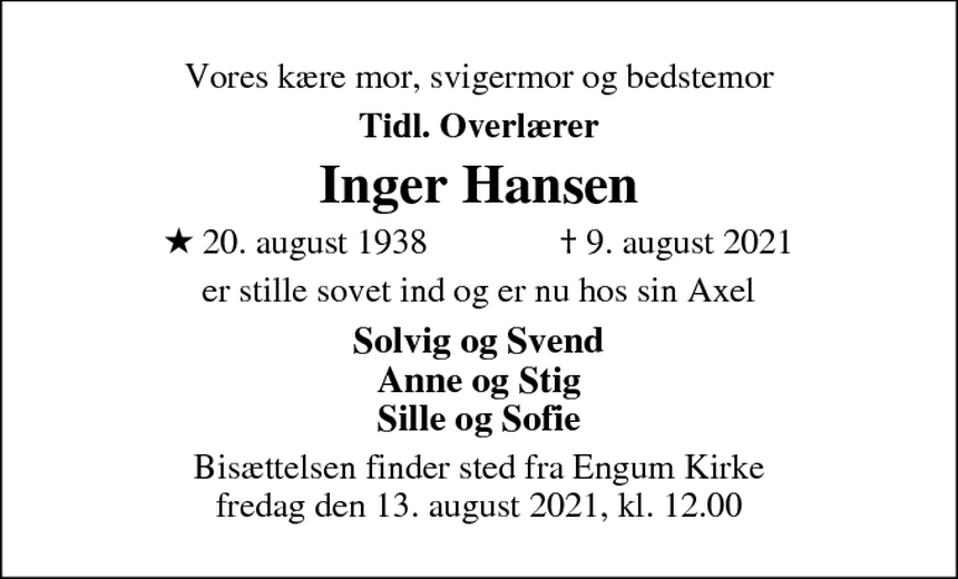 Dødsannonce – Inger Hansen - Hedensted | Dødsannoncer.dk