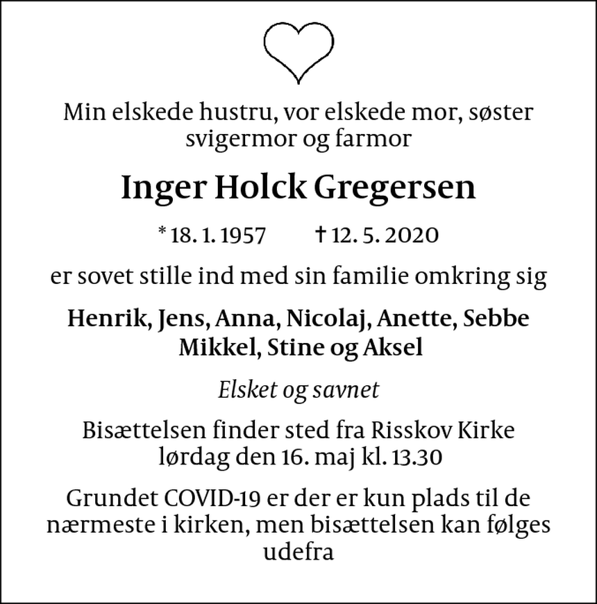 Dødsannonce – Inger Holck Gregersen - Risskov | Dødsannoncer.dk