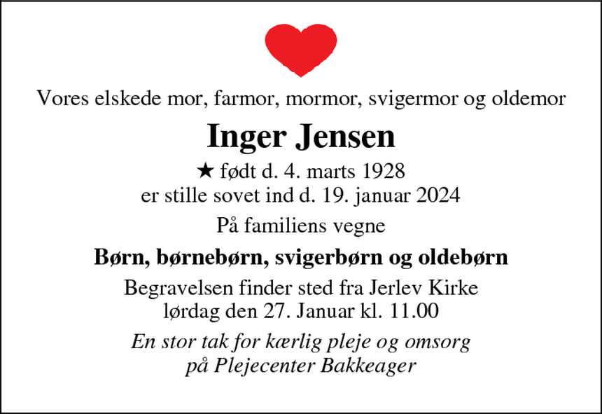 Dødsannonce – Inger Jensen - Fredericia | Dødsannoncer.dk